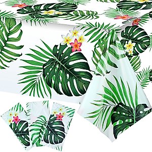 Luau Party Plastic Tablecloths Hawaiian Luau Table Cover Palm Leaves Table Cloth Birthday Bridal Shower Birthday Party Summer Pool Tropical Party Decorations, 54 x 108 Inches(3 Pieces)