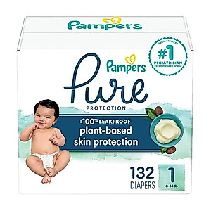 Pampers Baby Diapers - Pure Protection - Size 1, 132 Count, for up to 100% Leakproof, Premium Plant-based Skin Protection