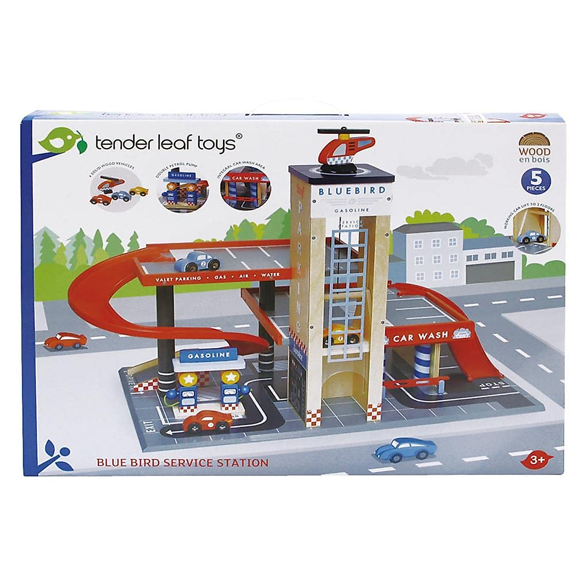 Tender Leaf Toys - Blue Bird Service Station - Classic Wooden Garage and Service Station for Cars and Helicopter with Ramps, Petrol Pumps and Car Wash Center - Imaginary and Roleplay for Children 3+