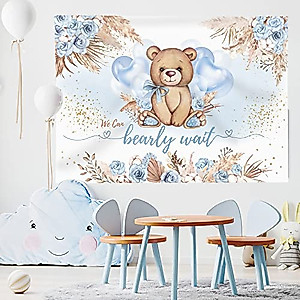 Rsuuinu Boy Bear Baby Shower Backdrop Boho Pampas Blue Flower We can Bearly Wait Photography Background Balloons Bear Baby Shower Backdrops Party Decorations Banner Supplies Photo Booth Props 7x5ft