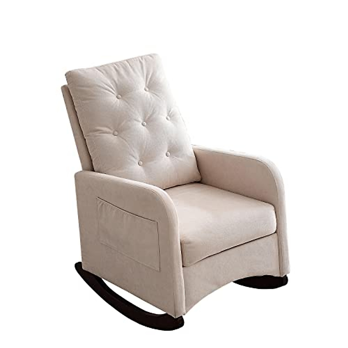 Obuvar Upholstered Rocking Chair, Accent Glider Rocker with 1 Pockets, Comfy Armchair with Low Backrest and Double Layer Cushion, Baby Nursery Glider for Living Room, Bedroom (Dark Beige)