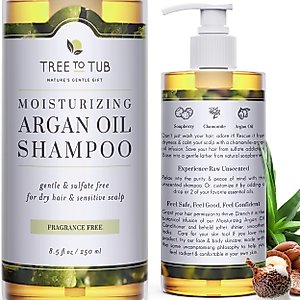 Tree to Tub Fragrance Free Shampoo for Dry & Sensitive Scalp - Gentle Unscented Hydrating Hair Shampoo for Women & Men, Moisturizing Sulfate Free Shampoo w/Organic Argan Oil, All Natural Soapberry
