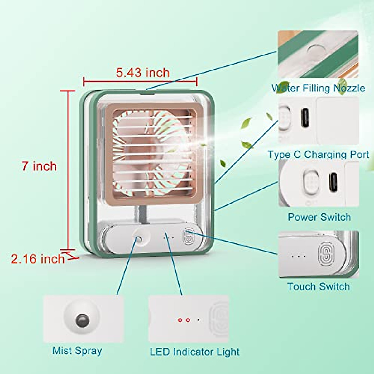Small Desk Fan with Mist Spray,LED Night Light,Electric Battery Operated Water Misting Fan,USB Rechargeable Portable Quiet Mini Desktop Table Cooling Fan for Office,Camping,Indoor,Outdoor (Green)