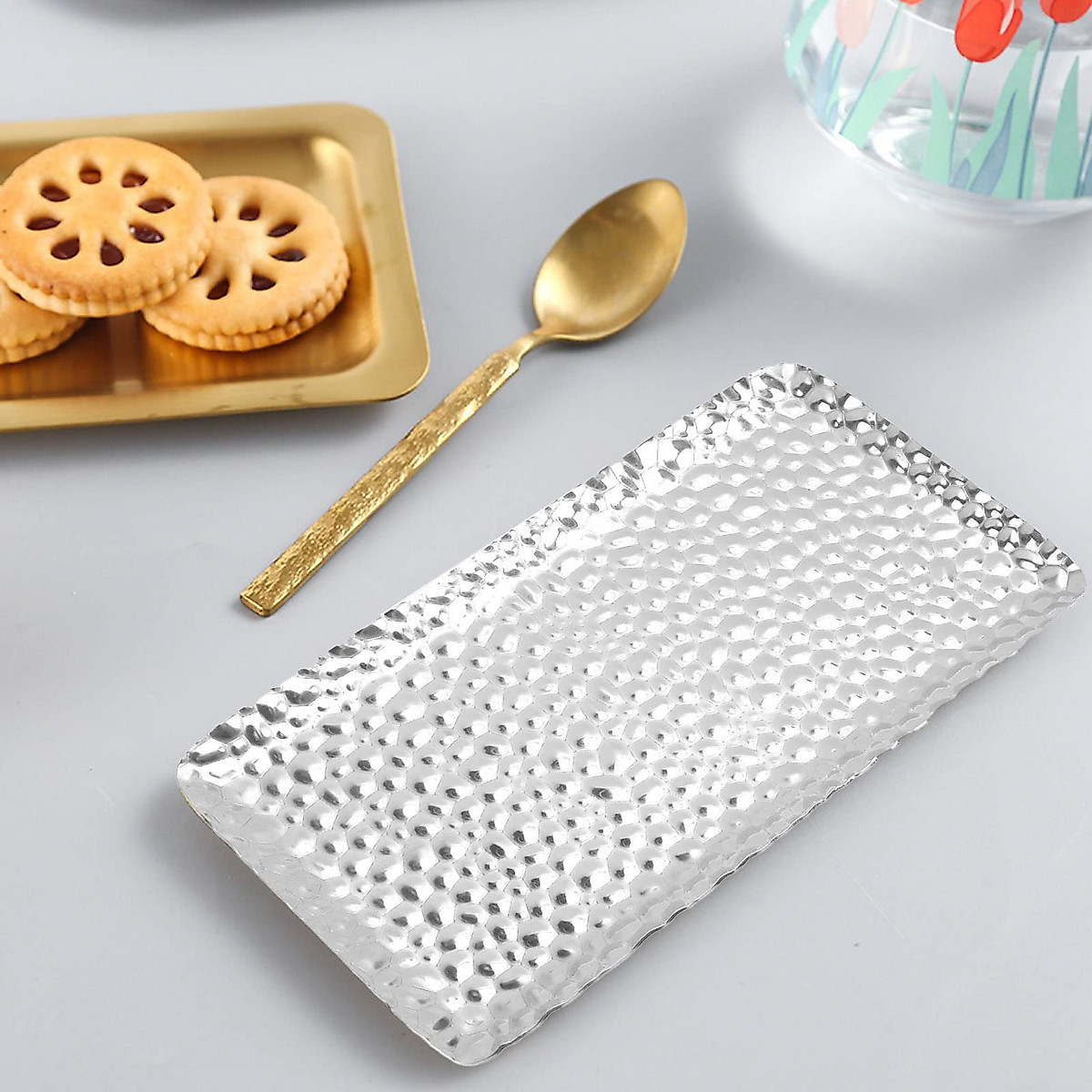 Rectangular Tray, Dishwasher Safe Decoration Hammered Tray Elegant Stainless Steel Toilet Bowl for Bathroom (Silver)