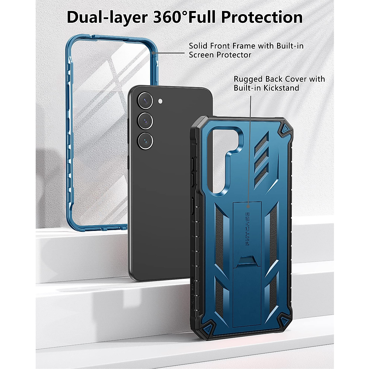 FNTCASE for Samsung-Galaxy S23+Plus Case: Dual Layer Protective Textured Cover & Rugged TPU Shell with Kickstand | Military Grade Drop Protection | Heavy Duty Cell Phone Protector(Blue)