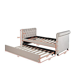 Harper & Bright Designs Twin Daybed with Trundle Bed, Twin Size Upholstered Daybed with Wood Slat Support, Upholstered Tufted Sofa Bed, No Box Spring Needed (Twin, Beige)