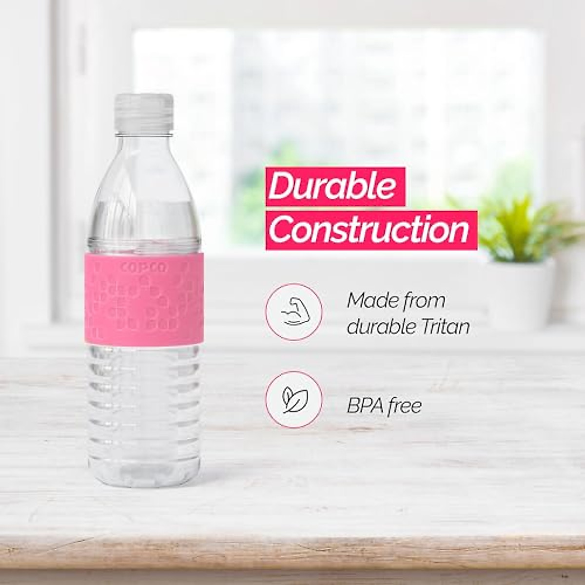 Copco Hydra 16.9 oz Water Bottle with Leak-Proof Lid - Tritan Reusable with Textured Grip Sleeve - BPA-Free, Shatter-Resistant, Dishwasher Safe for Travel, Gym, Work, Outdoors (Pink)