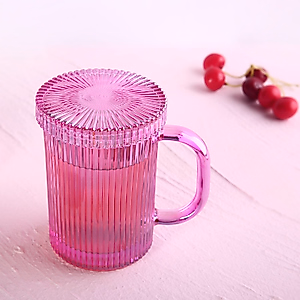 G Meridian Glass Coffee Mug with Lid 11.3 oz with Lid can be usded as Coaster for Latte Chocolate Americano Milk Oats Yoghurt Iridescent Dark Pink