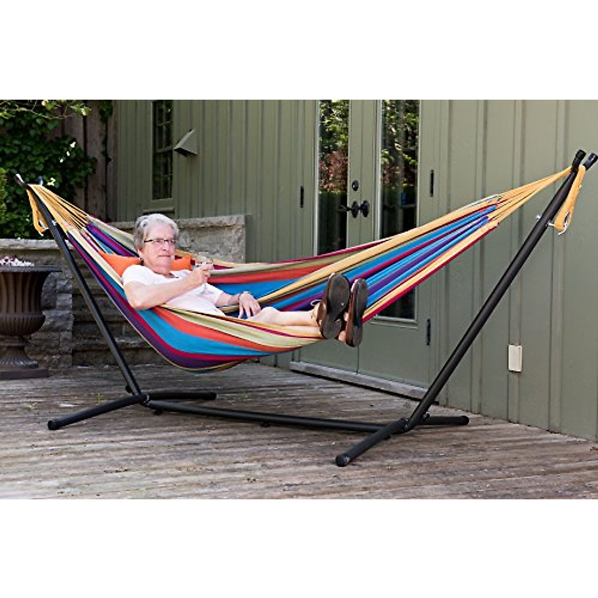 Vivere Double Cotton Hammock with Space Saving Steel Stand, Tropical (450 lb Capacity - Premium Carry Bag Included)