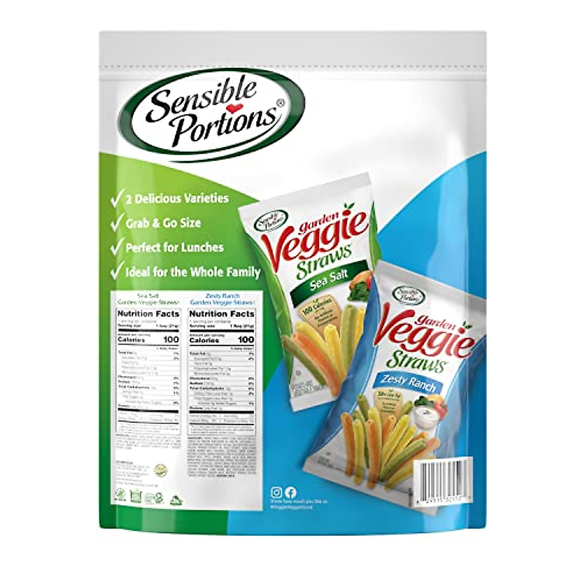Sensible Portions Garden Veggie Straws, Sea Salt & Ranch Multipack, 75 oz Bag, 10 Count