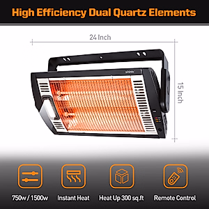 Shinic Electric Garage Heaters with Remote Control, 1500W/750W Ceiling Mounted Radiant Quartz Heater with Work Light, 90° Rotation, 5 Mode Settings, Electric Heater for Garage, Shop, Patio Large Room