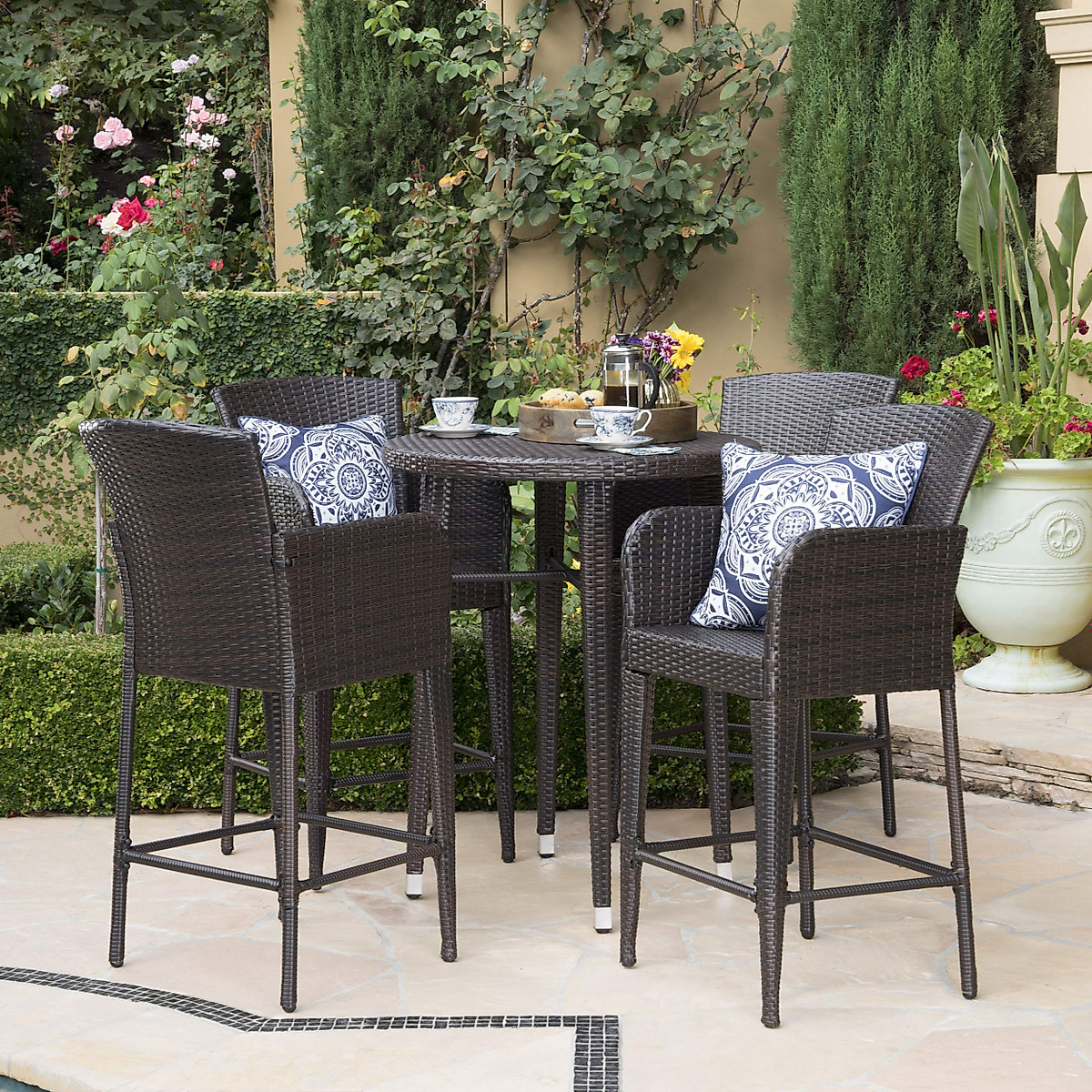 Christopher Knight Home Callum Outdoor Wicker 32.5" Round Bar Table Set, 5-Pcs Set, Multibrown