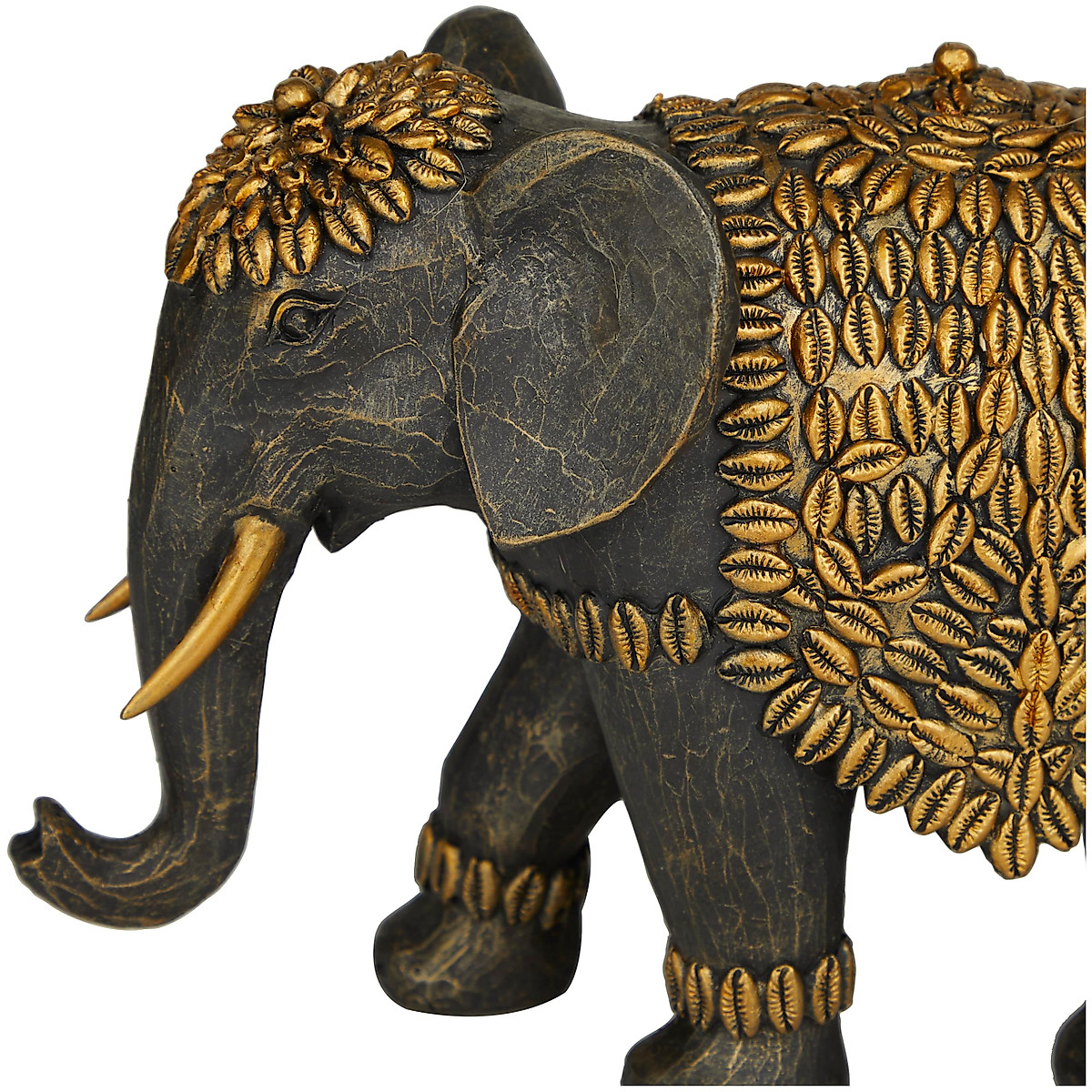 Deco 79 Polystone Elephant Sculpture with Cowrie Shell Carvings, 5" x 10" x 7", Black