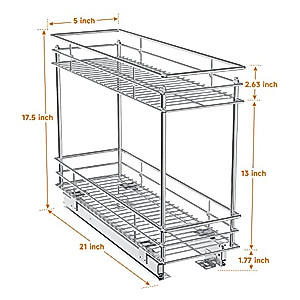 ROOMTEC Pull Out Cabinet Organizer for Narrow Cabinet (5" W X 21" D), Kitchen Cabinet Organizer and Storage 2-Tier Cabinet Pull Out Shelves Under Cabinet Storage for Kitchen, Chrome