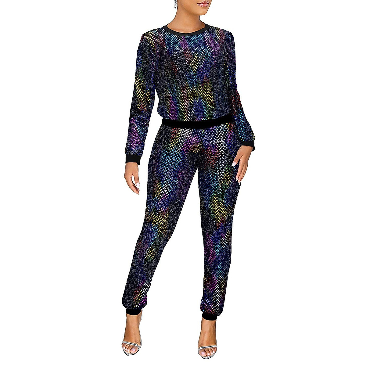 EOSIEDUR 2 Piece Night Clubwear Outfit for Women Long Sleeve Top and Metallic Shiny Pants Glitter Clubwear Galaxy & Colorful XXL