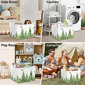 Clastyle Large Watercolor Pine Tree Animal Storage Basket Rectangle Deer Owl Woodland Nursery Decor Basket Hedgehog Raccoon Clothes Toy Book Shelf Basket Baby Nursery Bedroom Living Room Bin