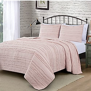 Chezmoi Collection Katy 3-Piece Frayed Edge 100% Washed Cotton Quilt Set - Soft-Finished Lightweight Bedspread All Season Bedding, King, Blush