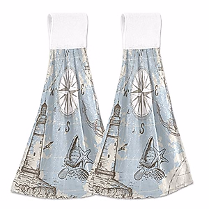 World Map Anchor Hand Towel Hanging Kitchen Towels Lighthouse 2PCS Dish Cloth Tie Towel Absorbent Oven Stove Washcloth with Loop for Bathroom Home Decorative