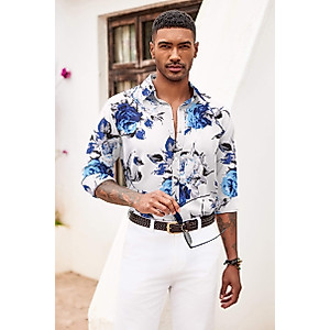 COOFANDY Men's Slim Fit Floral Dress Shirt Long Sleeve Casual Button Down Shirts (01_White&Blue, Small)