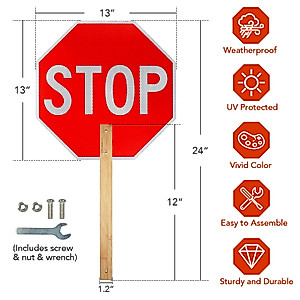 Stop Slow Sign with Bamboo Handle, 2-Pack 13" x 13" Double Sided Engineer Grade Aluminum Sign, Reflective,Sturdy, Easy to Assemble