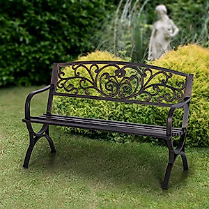 Sophia & William 50‘’ Outdoor Garden Bench Patio Park Bench, Cast Iron Metal Frame Furniture with Floral Design Backrest for Porch Yard Lawn Deck, Bronze