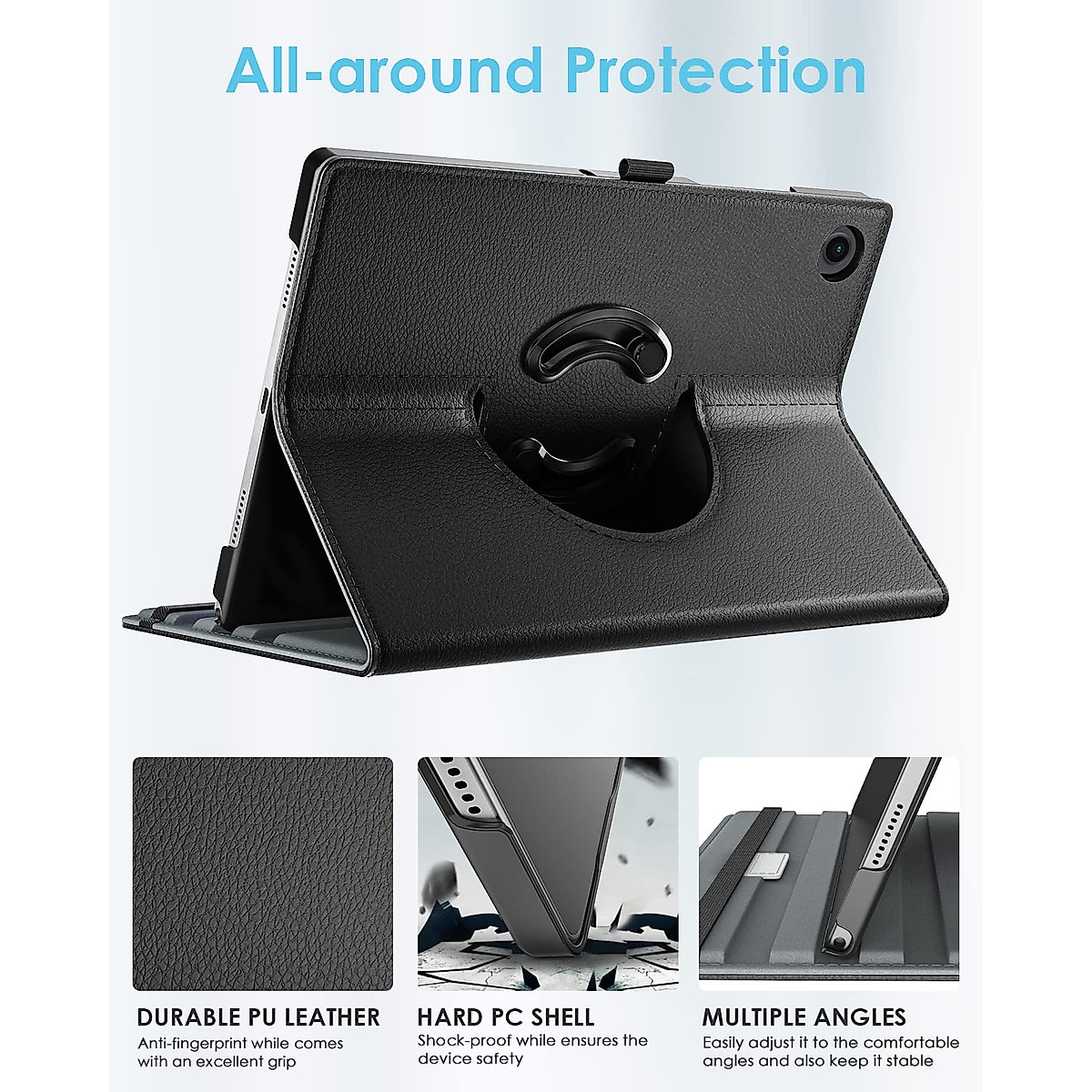 TiMOVO Compatible with Samsung Galaxy Tab A8 10.5 Case 2022, Galaxy A8 Tablet Case SM-X200/SM-X205, 90 Degree Rotating Swivel Leather Cover, Multiple Viewing Angles Folding Stand Case, Black