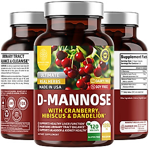 Number One Nutrition Premium D Mannose with Cranberry and Hibiscus [Max Strength, 1350mg] Naturally Supports Urinary Tract Health, Flush Impurities and Bladder Health, 120 Veg Caps