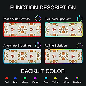 Large RGB Gaming Mouse Pad Pumpkin Acorn Cranberry Damask Glowing Extended Mousepad, Soft Anti-Slip Rubber Base Luminous Mouse Mat for Pc Laptop, Gaming, Office, Home