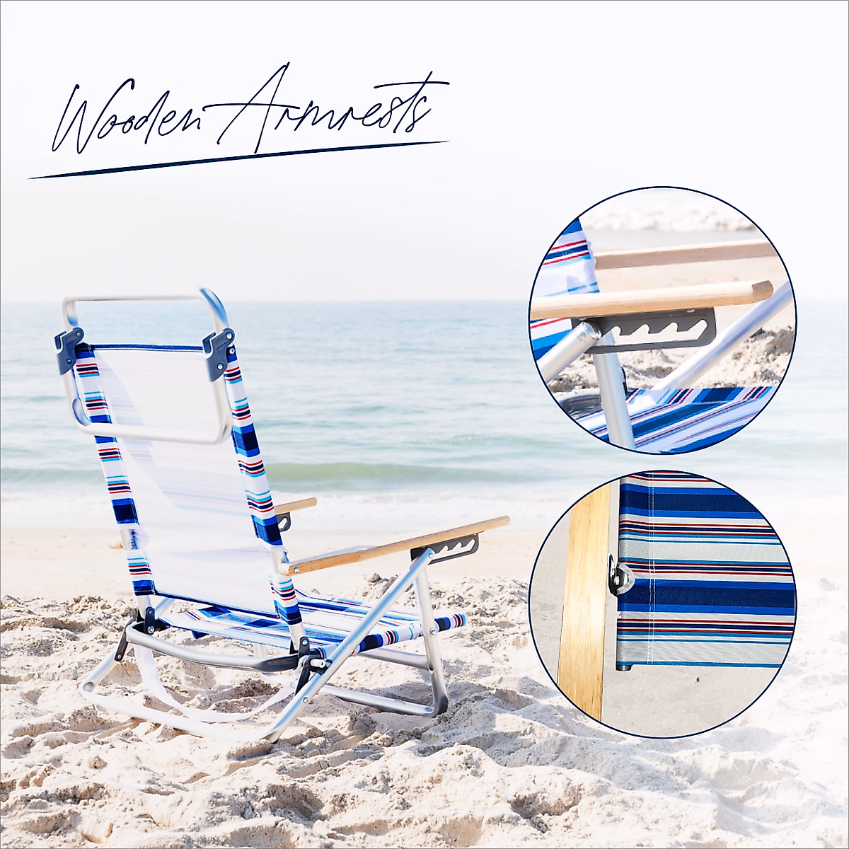 Caribbean Joe Folding Beach Chair, 5 Position Lightweight and Portable Reclining Outdoor Camping Chair with Wooden Armrests and Carry Strap, Red, White and Blue Stripe