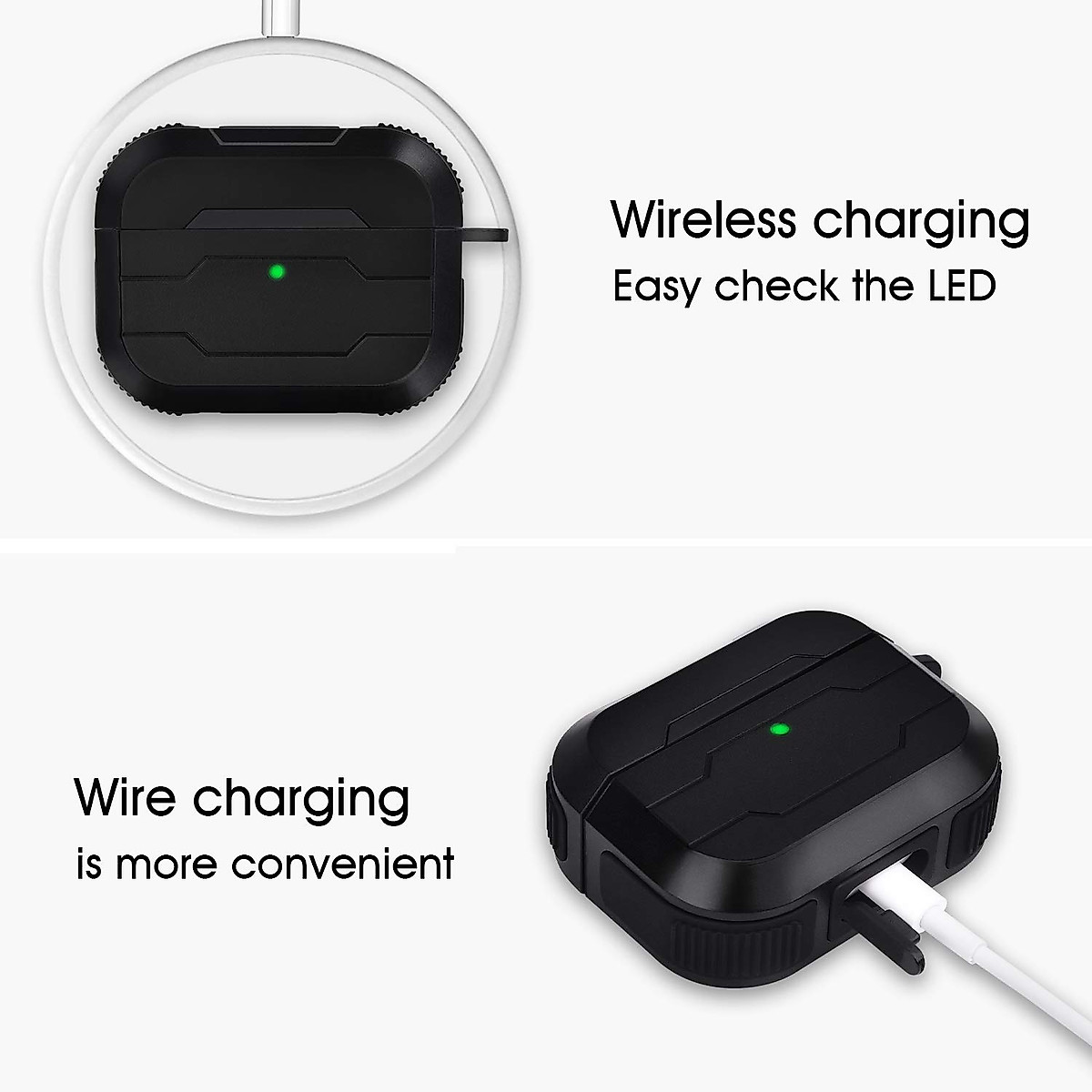 AirPods Pro Case Cover, Shock-Resistant Military Protective Men AirPod Pro Cases Accessories with Metal Carabiner Keychain, Designed for Apple AirPods Pro Wireless Charging Case (Black)