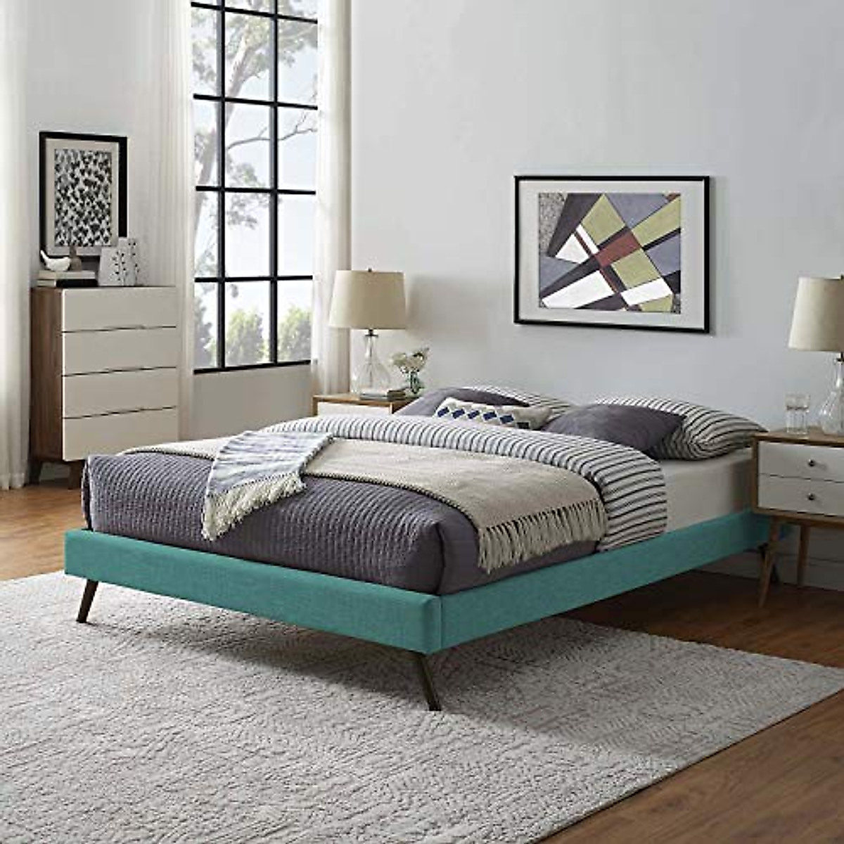 Modway Loryn Upholstered Queen Platform Bed Frame with Wood Slat Support in Teal