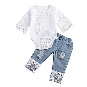 CIYCUIT Newborn Baby Girl Lace Clothes Infant Boho Romper + Ripped Denim Jeans 2Pcs Fall Outfits (Z1 White, 6-12 Months)