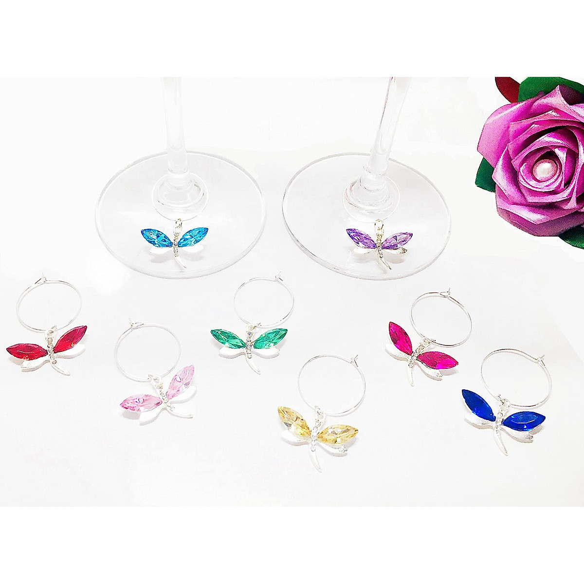 Malikesy Colourful Dragonfly Stem Glass Charms, Wine Markers Charms for Bachelorette Party Anniversary Friends Gathering - Set of 8