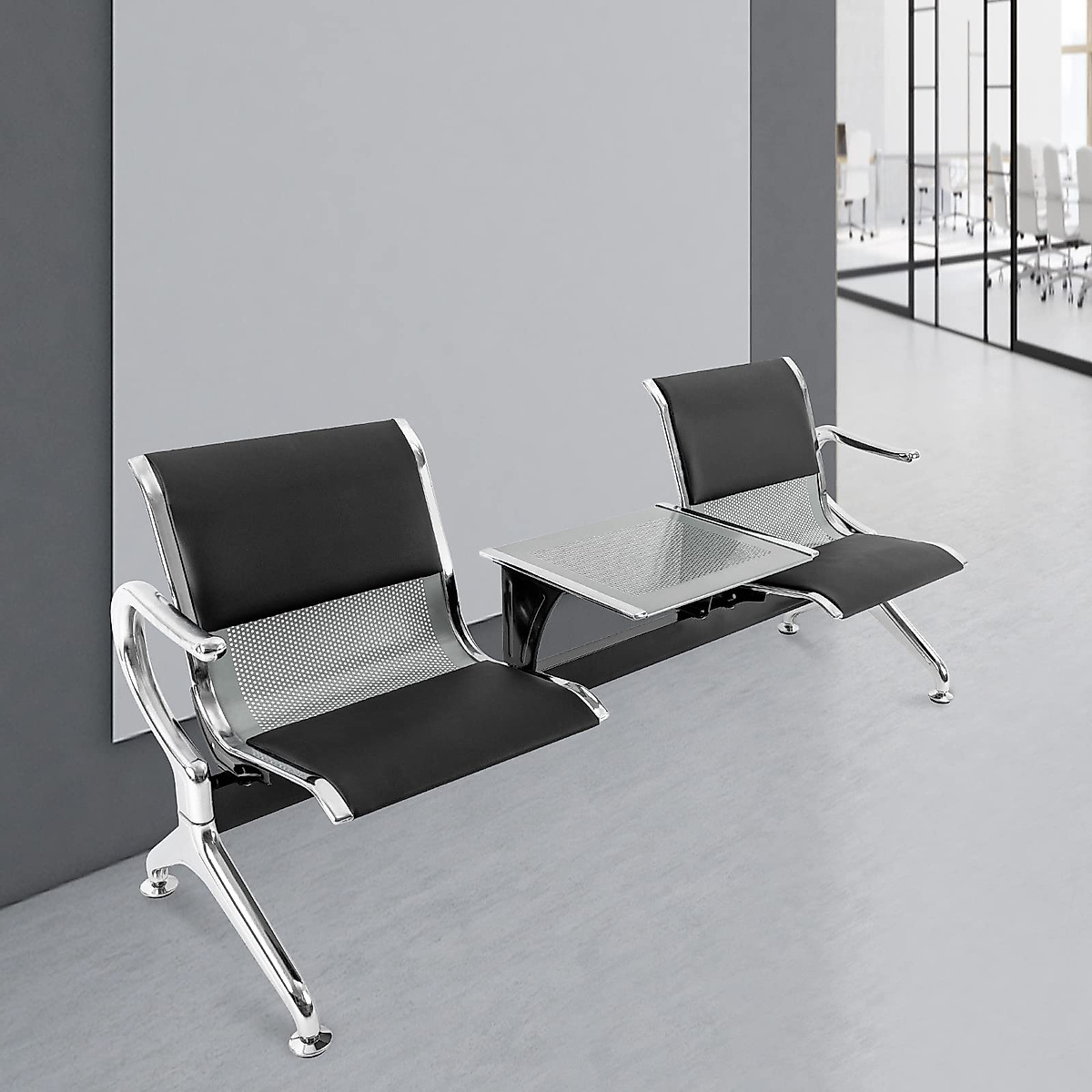 Airport Reception Chairs Waiting Room Chairs with Table and Arms 2 Seat PU Leather Reception Bench Waiting Area Bench Guest Reception Chairs for Office, Business, Salon, Bank, Hospital, School