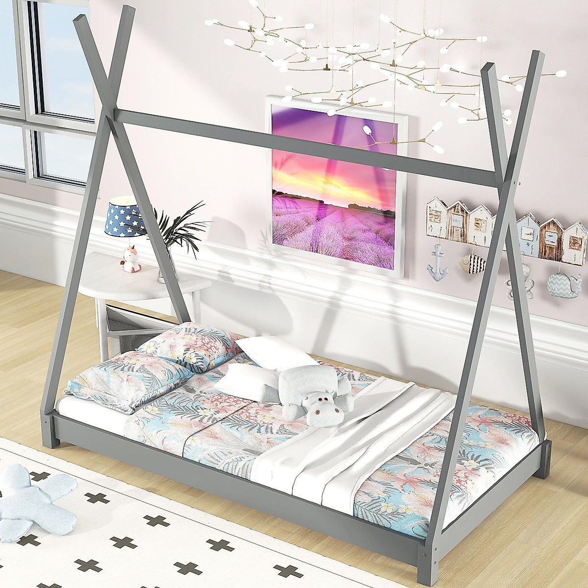 Wood Montessori Floor Bed Frame Twin Size, Twin Floor Bed with Slats and Triangle Structure, Kids Floor Bed Twin Size/Montessori Bed for Kids, Girls, Boys, Twin Bed Frame Gray