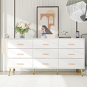 jiteentarou 9 Drawer Dresser for Bedroom, 63” Long Dresser with Charging Station, Modern Chest of Wide Drawers with Gold Handles & Storage Pocket, Wood Dresser for Kids Bedroom, Hallway, White