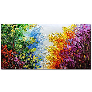 V-inspire Art, 24x48 inch Modern Abstract Oil Painting on Canvas Wall Art 100% Hand Painting Bright-Coloured Tree Art Living Room Bedroom Decoration Ready to Hang
