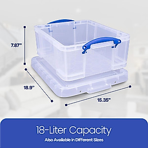Really Useful Box 18 Liter Plastic Stackable Storage Container w/Snap Lid & Built-In Clip Lock Handles for Home or Office Organization, 2 Pack, Clear