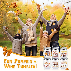 Uiifan 6 Pcs Thanksgiving Happy Fall Y'all 12 oz Wine Tumbler, Novelty Hello Pumpkin Maple Leaves Funny Autumn Gift, Give Thanks Autumn Coffee Mug Decor for Thanksgiving Halloween Party Supplies