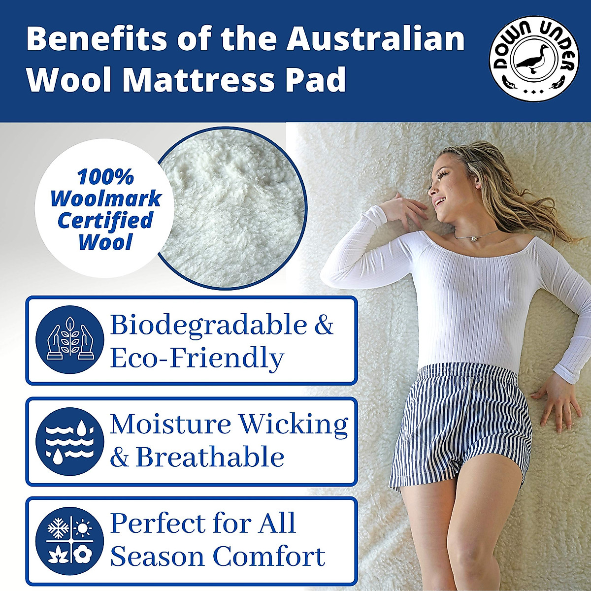 Down Under Wool Mattress Topper, King Size 100% Australian Wool Mattress Pad, 15" Deep Pocket & 0.5" Fleece Padding, Woolmark Certified Organic Mattress Protector, All Season Breathable Mattress Case