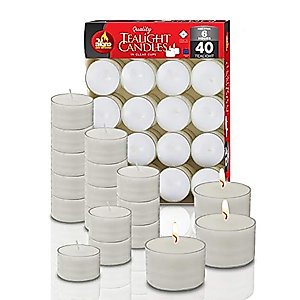 Ner Mitzvah Long Lasting Tealight Candles - 6 Hours - White in Clear Cups - Unscented - 40 Pack - Made in EU