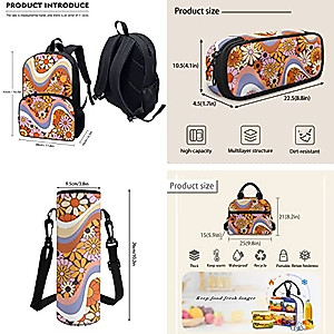 FUIBENG 4 Pcs Backpack for School,Abstract Hippie Groovy Flower Bookbag+Neoprene Insulated Water Bottle Holder With Adjust Strap Lunch Box +Pen Case Boys Girls Back to School Gift