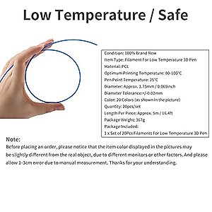 1 Set of 20 Pcs 3D Pen Filament Refills for Low Temperature 3 D Pen PCL Filament Refills 16.4 Feet for Each Color 3 Dimensional Printing Pen Filament Refills 1.75mm