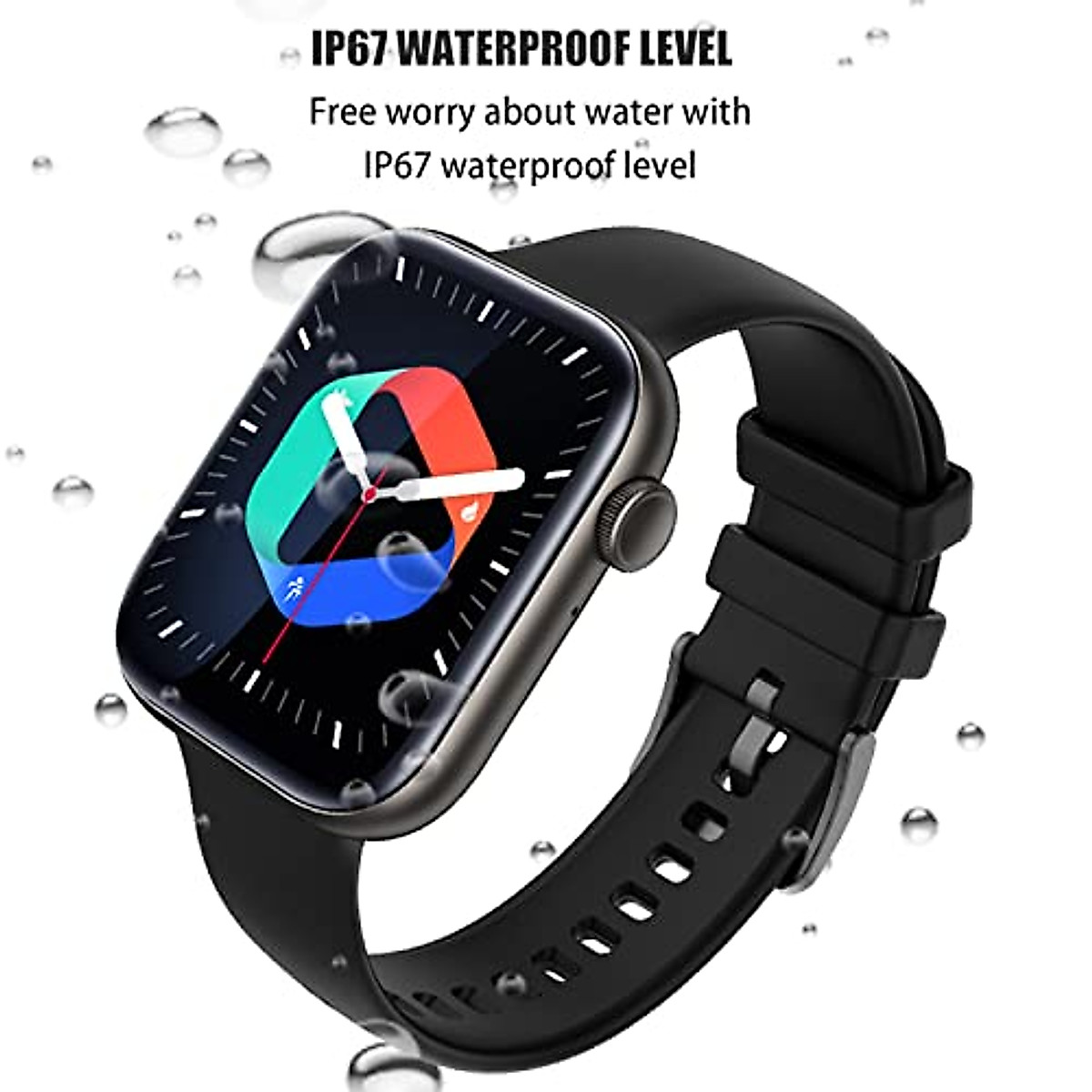 1.8" Full Touch Screen Smart Watch for Android & iOS Phones with Heart Rate & Blood Oxygen Monitor IP67 Waterproof, Multiple Sport Modes, Voice Assistant, Fitness Smart Watch for Women Men (Black)