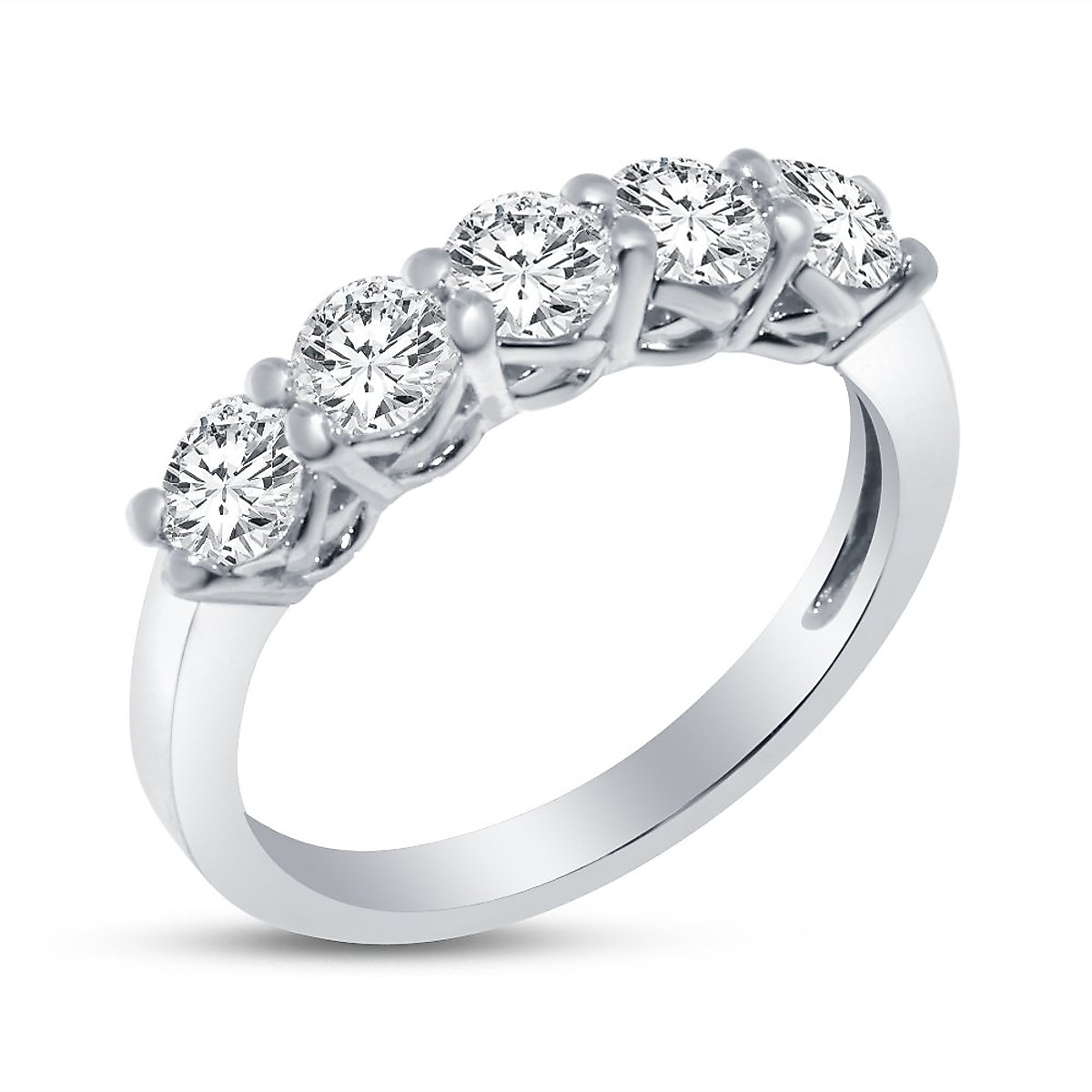 Size - 6 - Solid 925 Sterling Silver 4mm Round Cut Five Stone Anniversary Ring Wedding Band CZ Cubic Zirconia 1.0cttw.