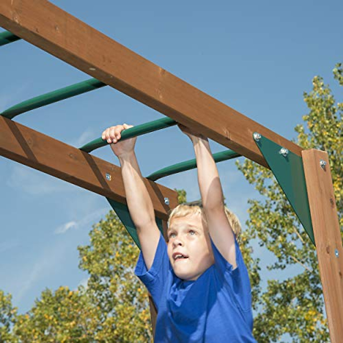 Swing-N-Slide WS 8352 Knightsbridge Ultimate Swing Set with Slide, Monkey Bars, Climbing Wall, Wood Roof, Picnic Table & Glider, Wood, Green