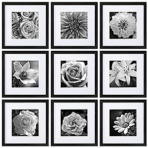 eletecpro 12x12 Picture Frames Black Set of 9, Wooden Square Frame Displays 8x8 with Mat and 12x12 without Mat, Poster Frame for Wall Hanging