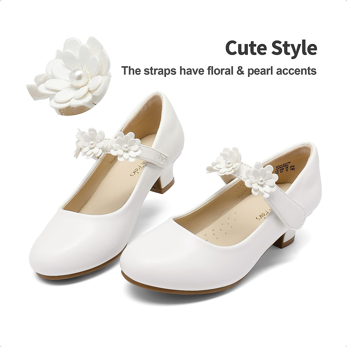 DREAM PAIRS Girls Mary Jane Dress Shoes Pumps Low Heels Flower Party Wedding Princess,Size 2 Little Kid,White,SDFL2317K