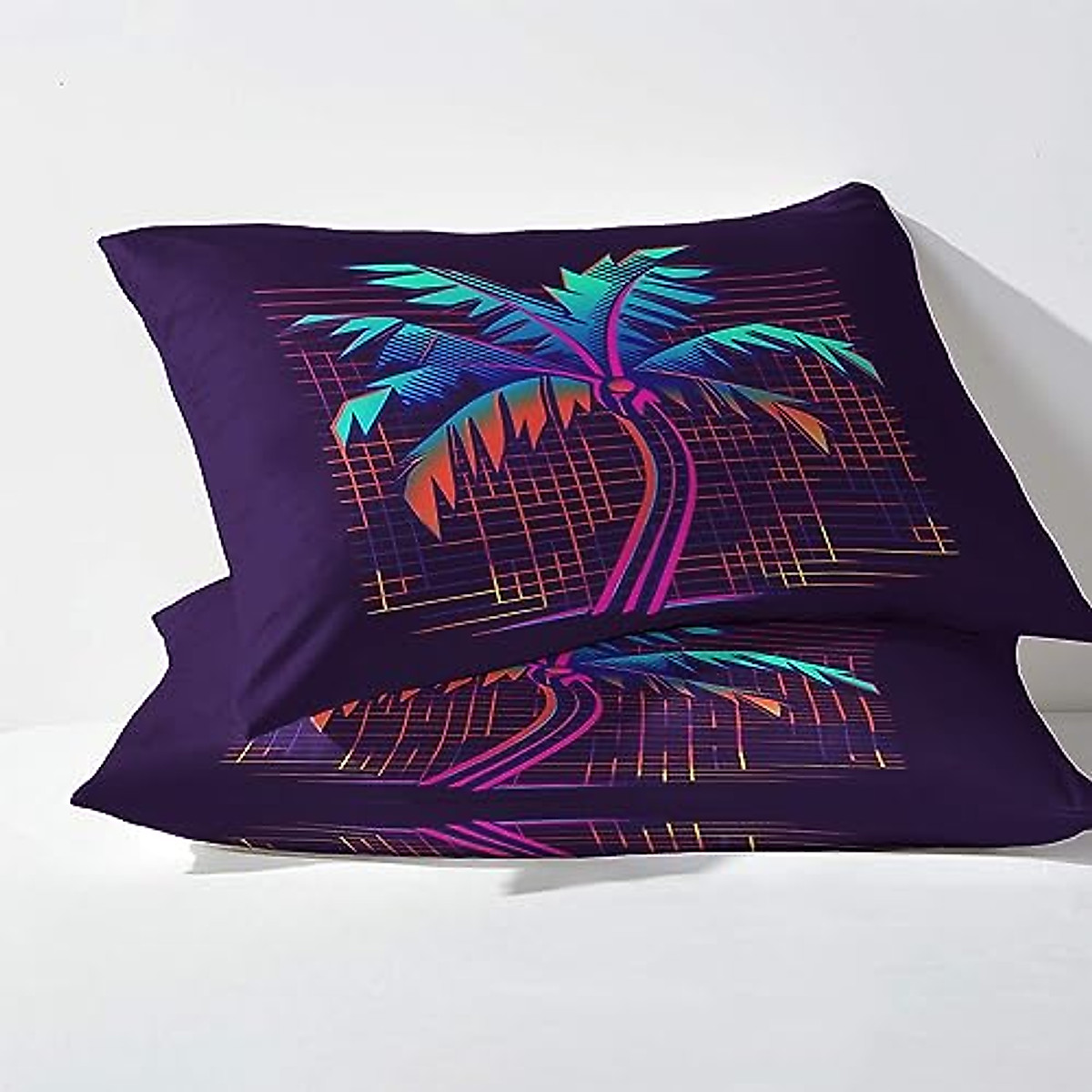 Palm Tree Sheets Full Size, Tropical Plants Neon Bed Sheets, Patterned Bedding Sheets & Pillowcases 4 Piece Set - Soft Microfiber Deep Pocket Fitted Sheet & Flat Sheet & 2 Pillow Cases K0-&-155