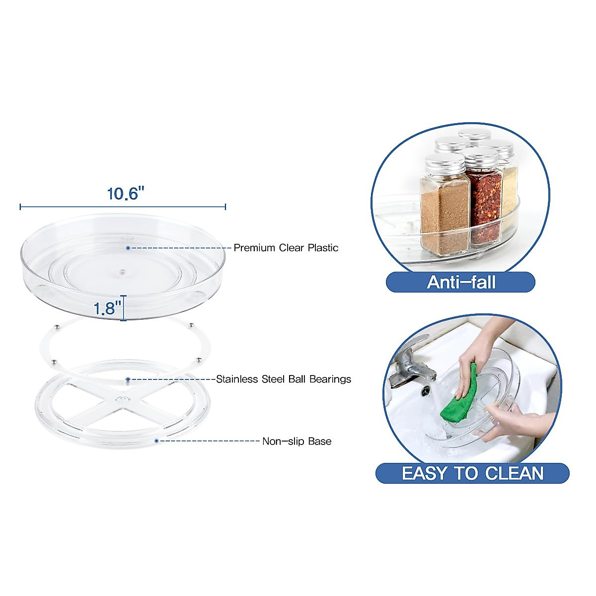 Goramio 10.6" Lazy Susan Organizer with 5 Removable Bins, Clear Plastic Divided Crazy Susan Lazy Susan Turntable, for Fridge Cabinet Refrigerator Kitchen Pantry Organization and Storage